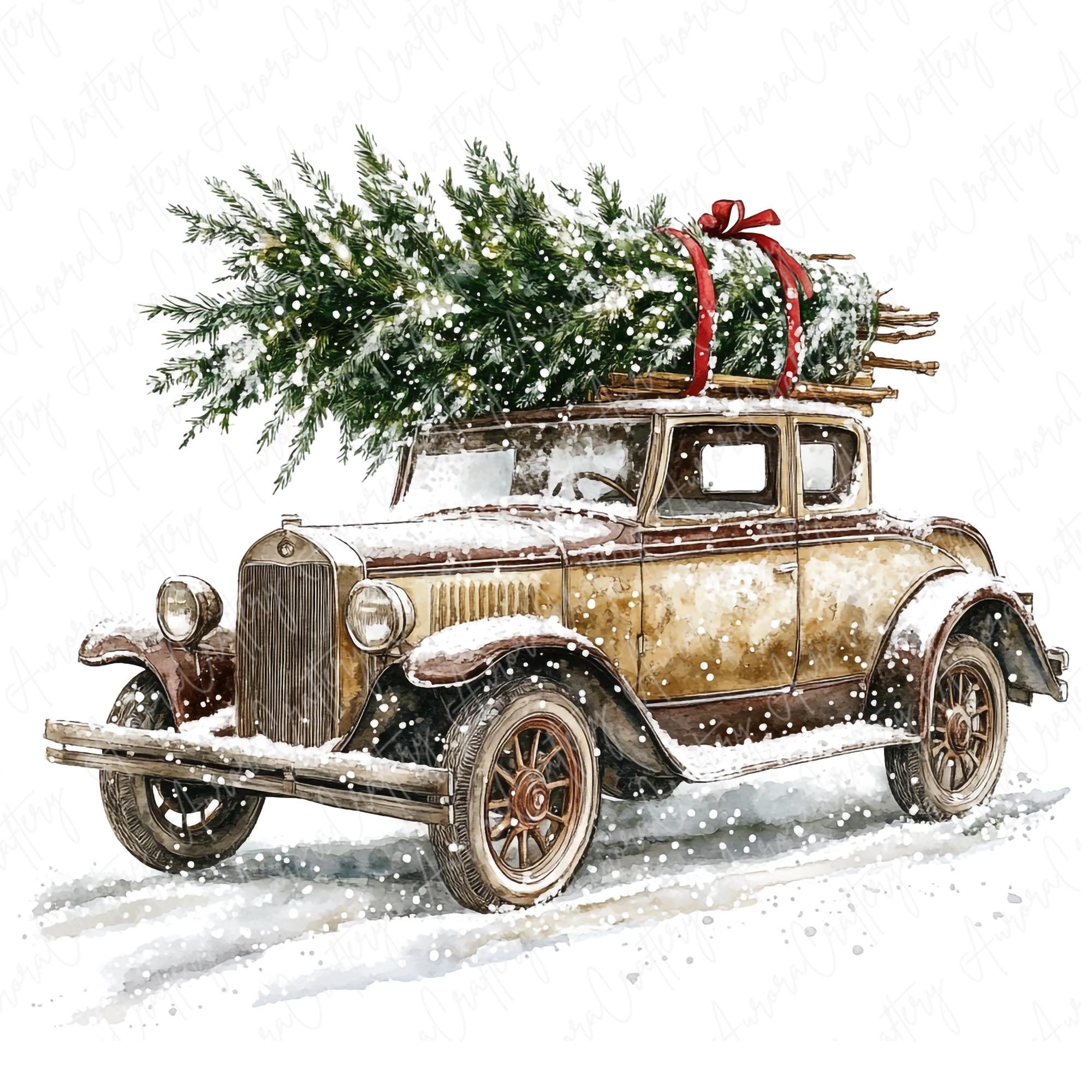 10 Festive Car Clipart, Vintage Cars With Winter Trees, Festive Tree ...