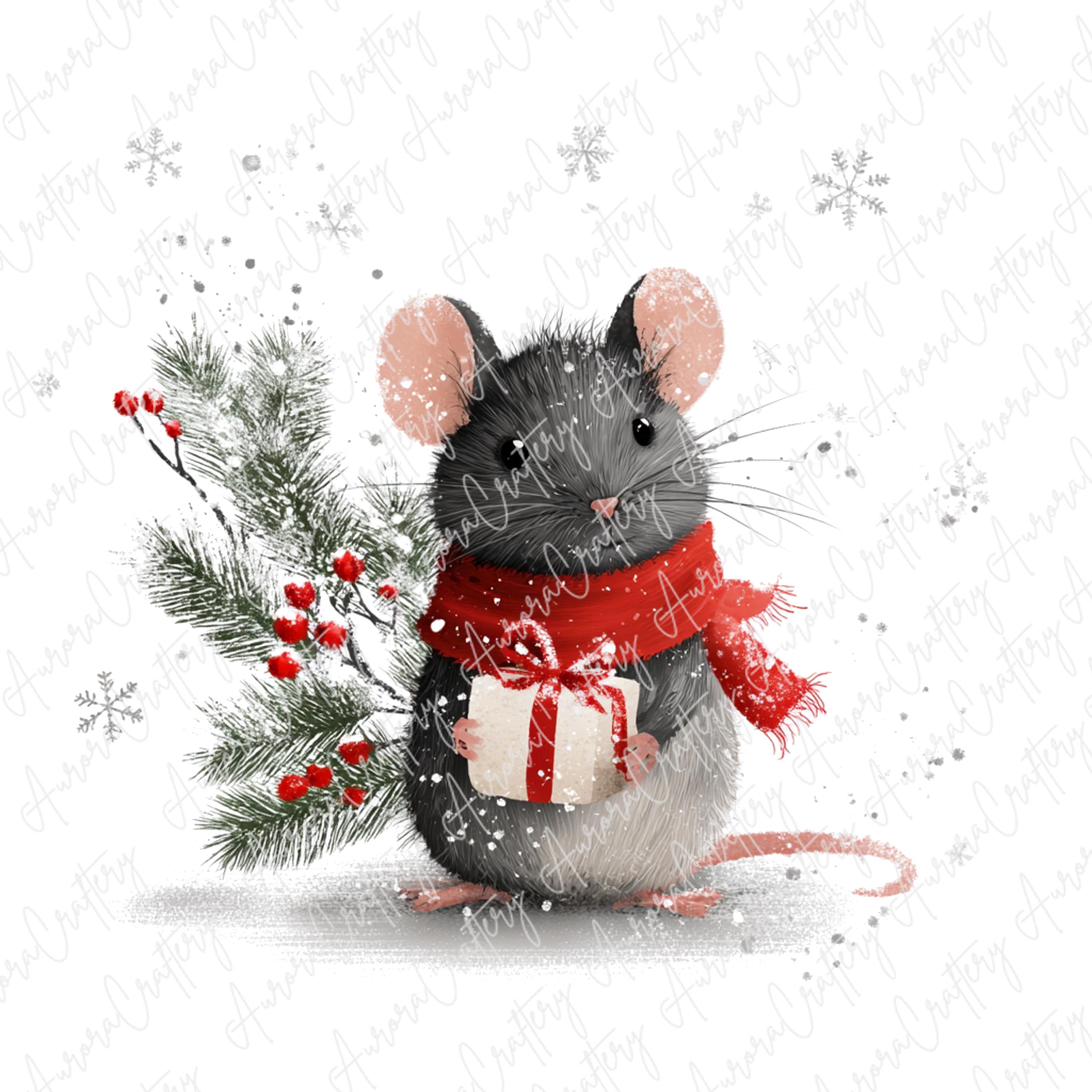 8 Watercolor Winter Mouse Clipart, Cute Mouse With Gift and Red Scarf ...