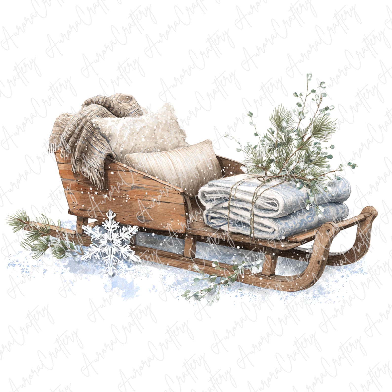 5 Watercolor Cozy Winter Sled Clipart, Wooden Sled With Blankets ...