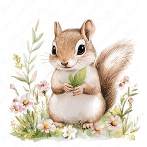 10 Watercolor Chipmunk Clipart, Woodland Chipmunk With Flowers, Forest ...