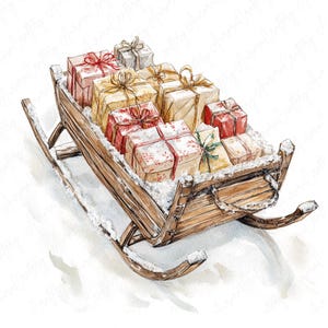 10 Winter Gift Sleds Clipart, Rustic Sleds Loaded With Gifts, Cozy ...