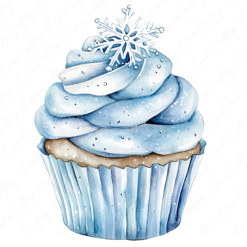 8 Watercolor Winter Blue Cupcake Clipart, Snowflake Cupcakes for Winter ...