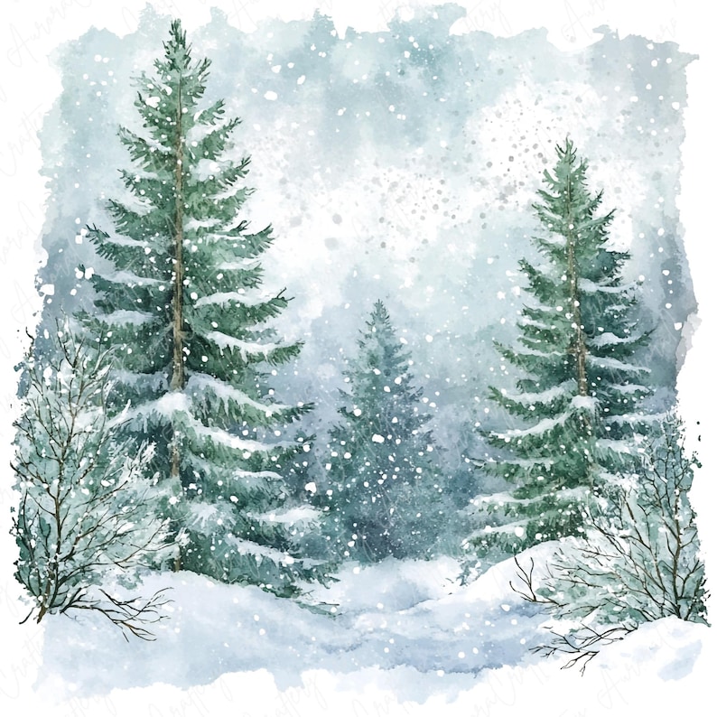 8 Watercolor Winter Tree Clipart, Snowy Forest Landscape Clipart ...