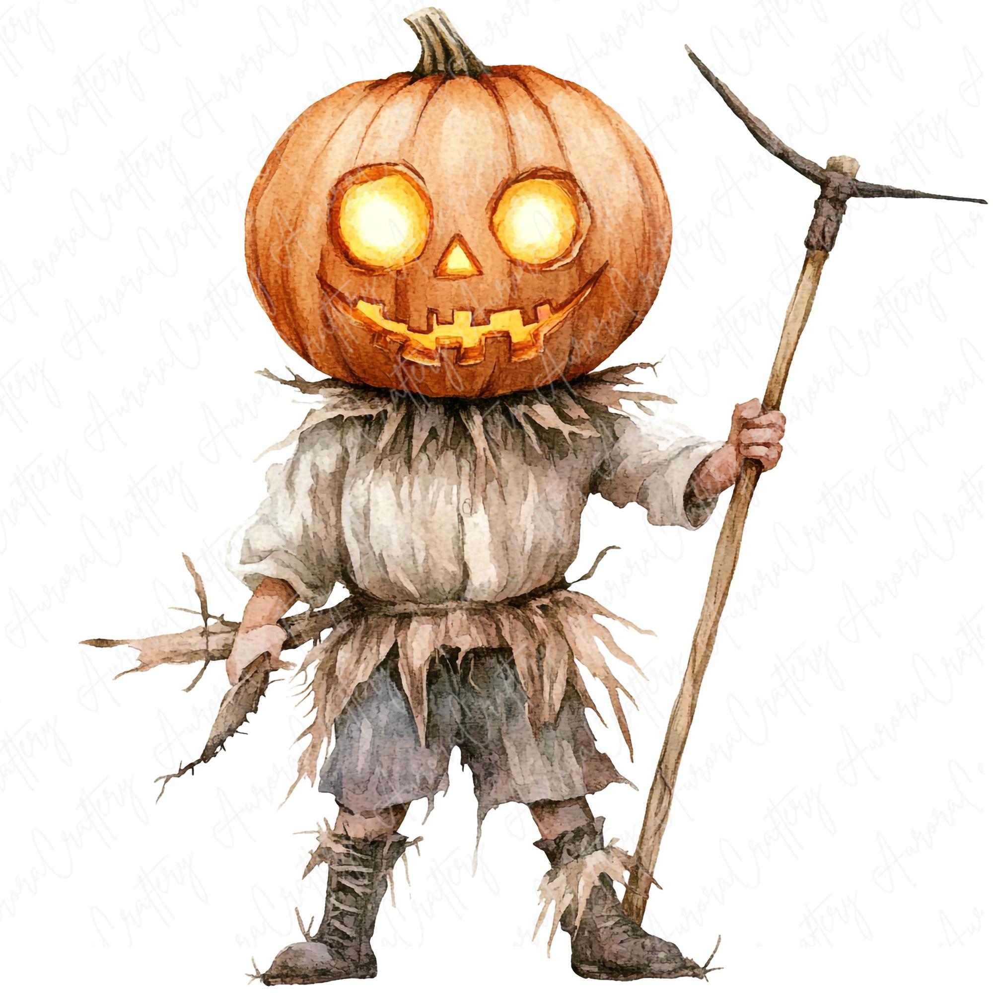 9 Spooky Pumpkin Scarecrow Clipart, Watercolor Scary Jack-o'-lantern ...