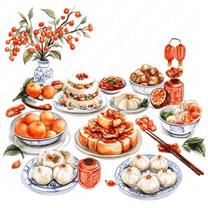 8 Chinese New Year Feast Clipart, Festive Traditional Dishes, Lunar New ...