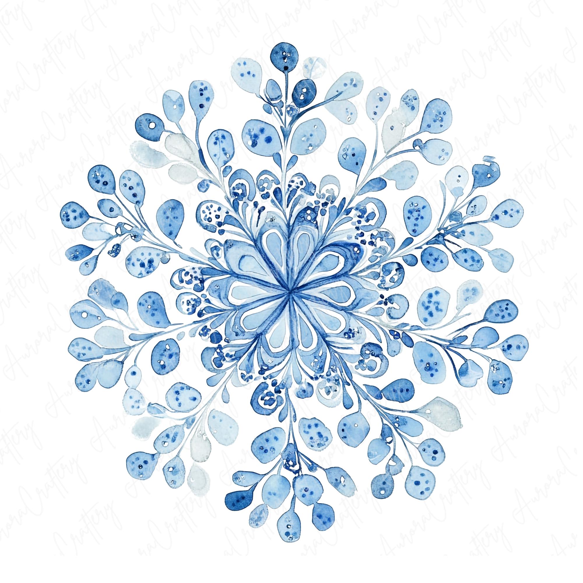 10 Watercolor Snowflakes Clipart, Intricate Blue Winter Snowflake ...