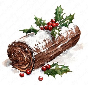 6 Watercolor Log Cake Clipart, Chocolate and Festive Clipart, Holiday ...