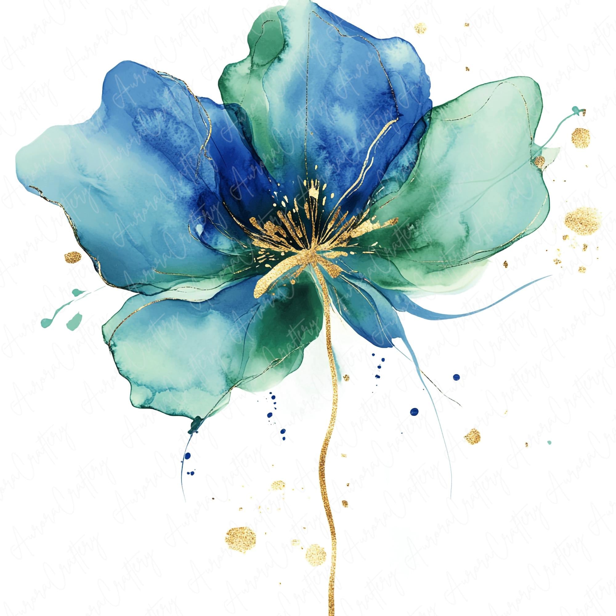 8 Abstract Blue and Gold Floral Clipart, Watercolor Flower Clipart Gold ...