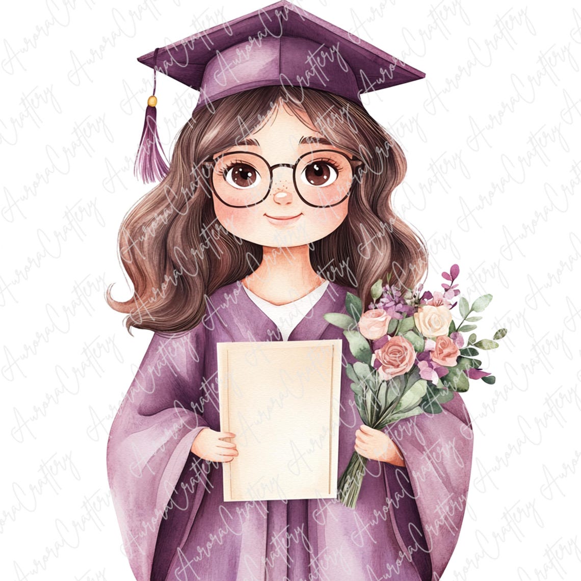 5 Girls in Purple Graduation Gowns, Watercolor Graduation Girl Clipart ...