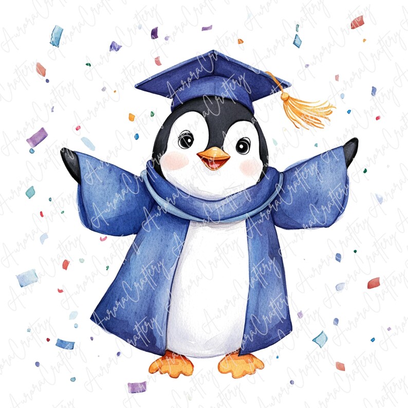 8 Watercolor Graduation Penguin Clipart, Penguins in Blue Gowns and ...