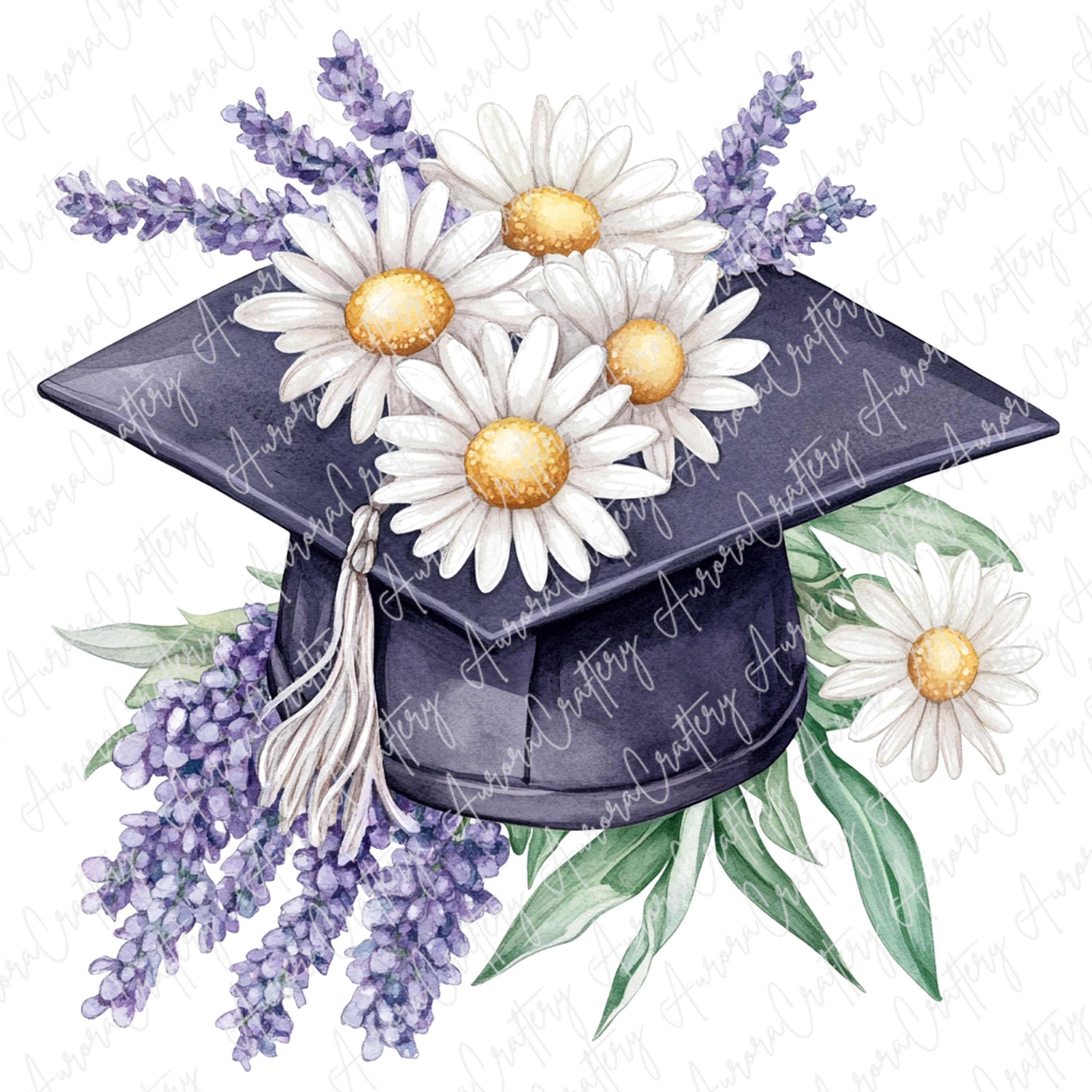 4 Watercolor Floral Graduation Cap Clipart, Purple Grad Hat With ...