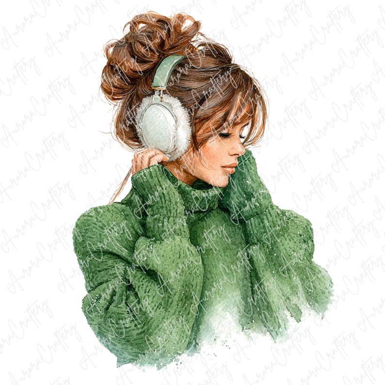 6 Watercolor Winter Girl Clipart JPG, Brunette in Green Sweater With ...