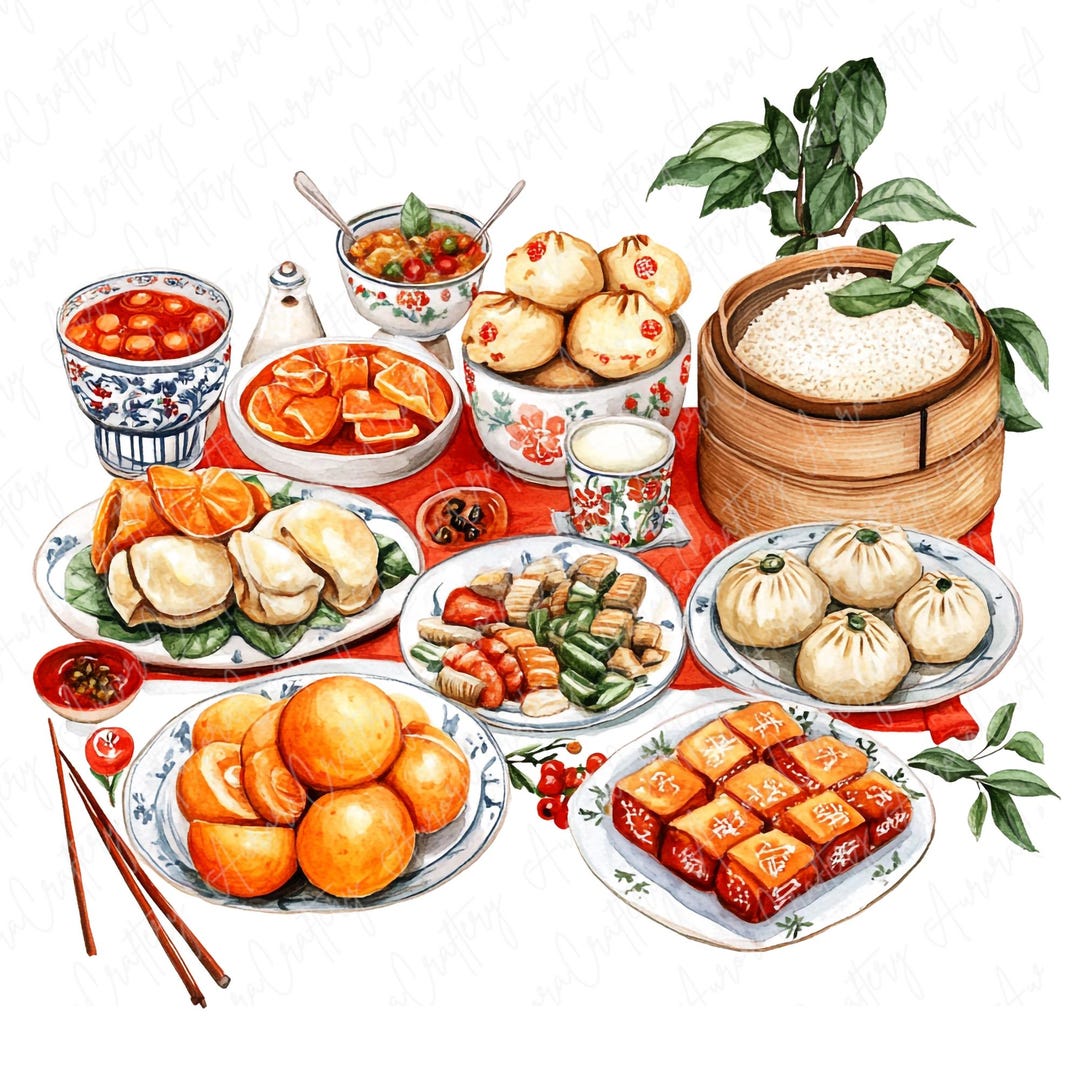 8 Chinese New Year Feast Clipart, Festive Traditional Dishes, Lunar New ...