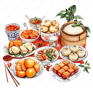 8 Chinese New Year Feast Clipart, Festive Traditional Dishes, Lunar New ...