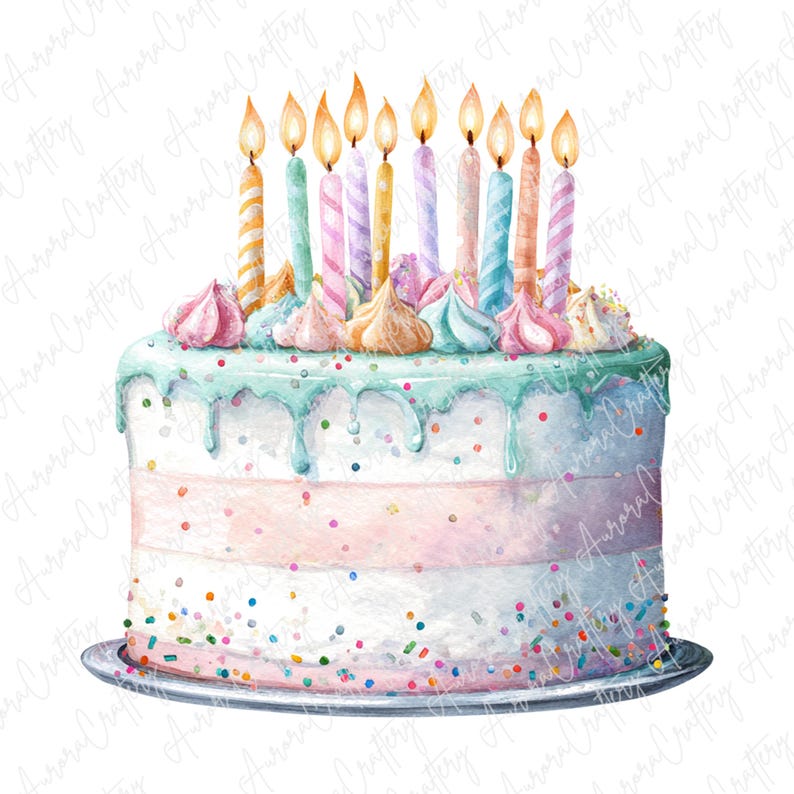 7 Watercolor Birthday Cake Clipart, Pink Drip Cakes With Candles, Party ...