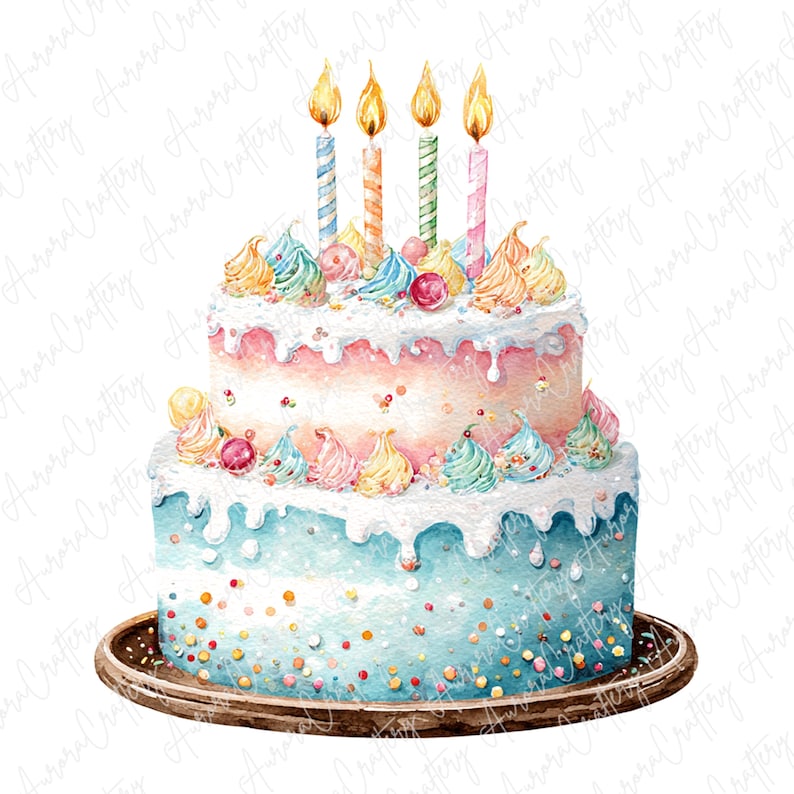 7 Watercolor Birthday Cake Clipart, Pink Drip Cakes With Candles, Party ...