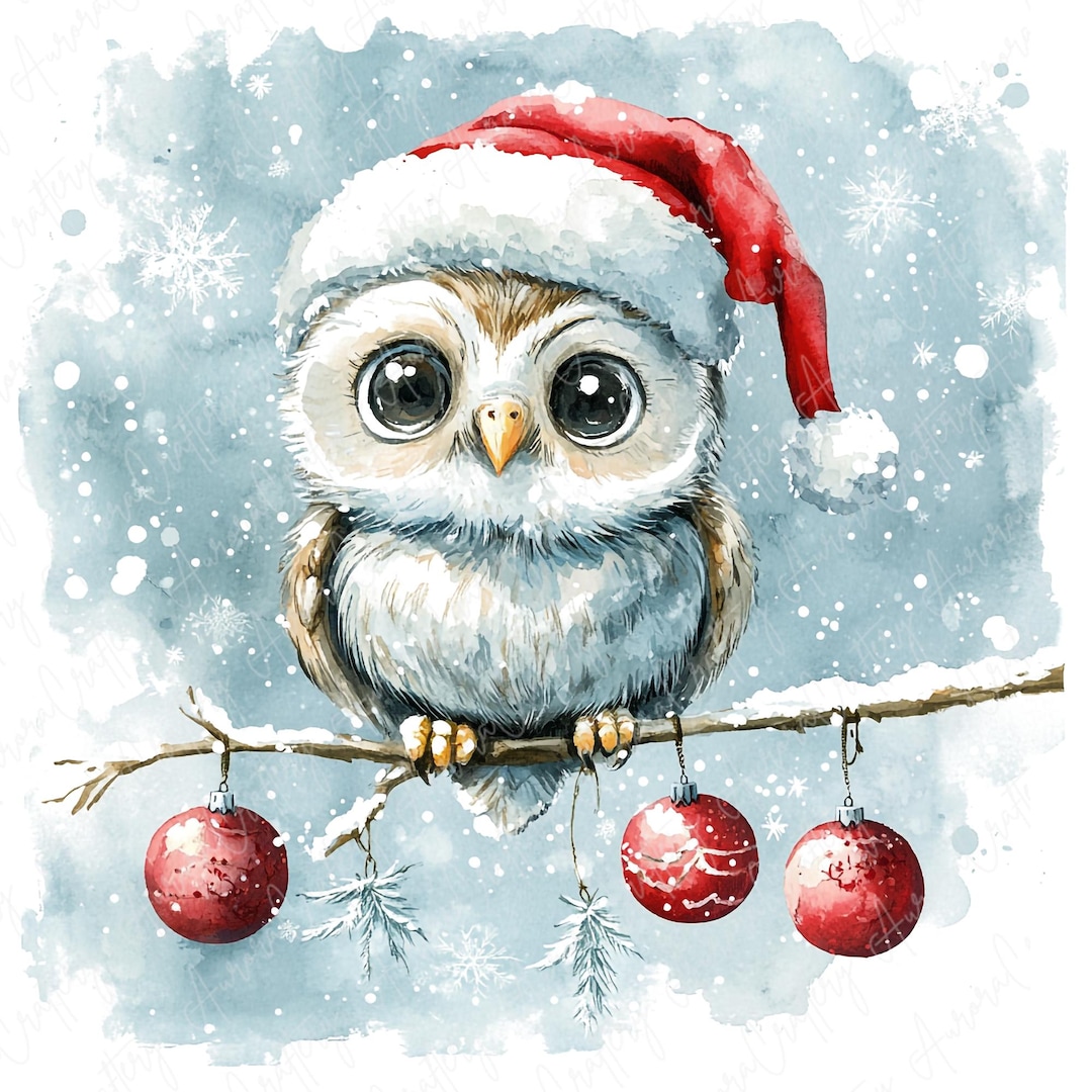 8 Watercolor Festive Owl Clipart, Winter Owl on Tree, Cute Baby Owl ...