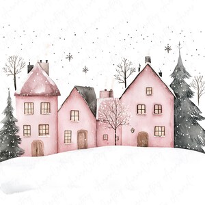 8 Watercolor Festive Village Clipart, Pink Snowy House Clipart, Winter ...