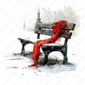 8 Watercolor Winter Bench Clipart, Snowy Park Benches With Red Scarf ...