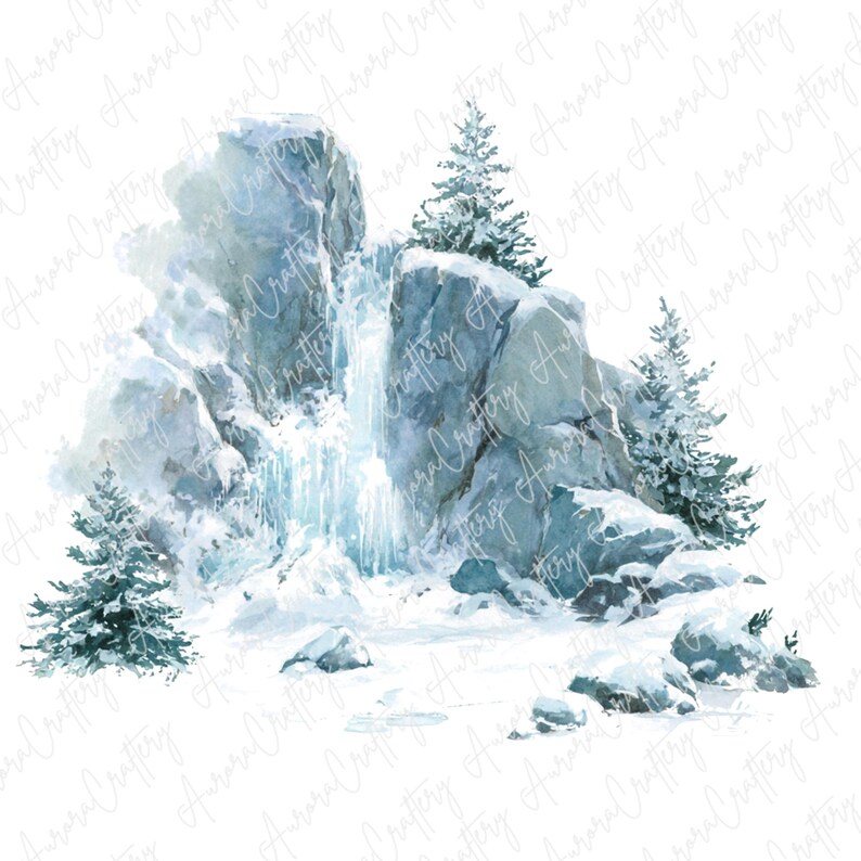 8 Watercolor Frozen Waterfall Clipart, Snowy Mountain Scene With Pines ...