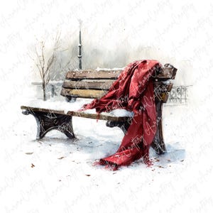 8 Watercolor Winter Bench Clipart, Snowy Park Benches With Red Scarf ...