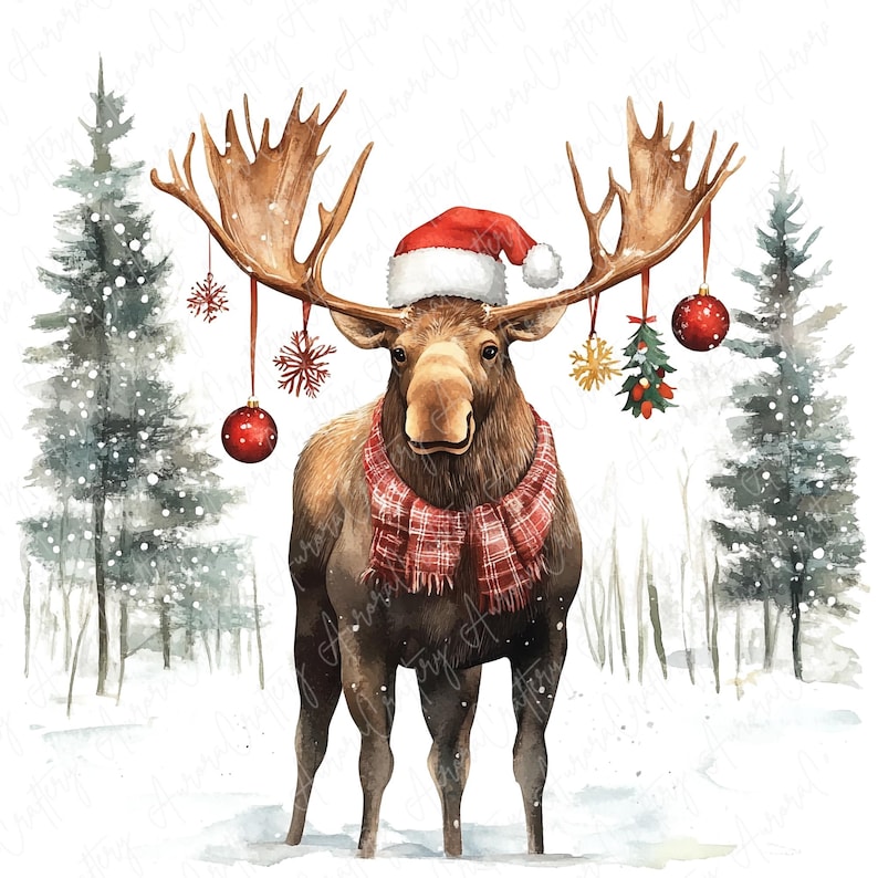 9 Watercolor Festive Moose Clipart, Winter Moose in Snow, Festive ...