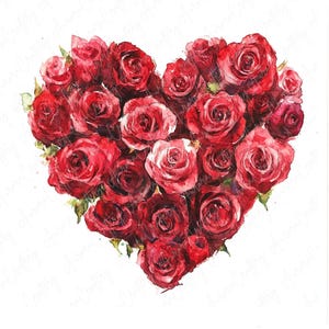 10 Watercolor Rose Heart Clipart, Vibrant Red Roses in Heart Shapes ...