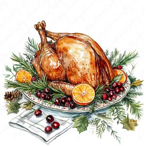 6 Watercolor Roast Turkey Clipart, Festive Dinner Clipart, Turkey With ...