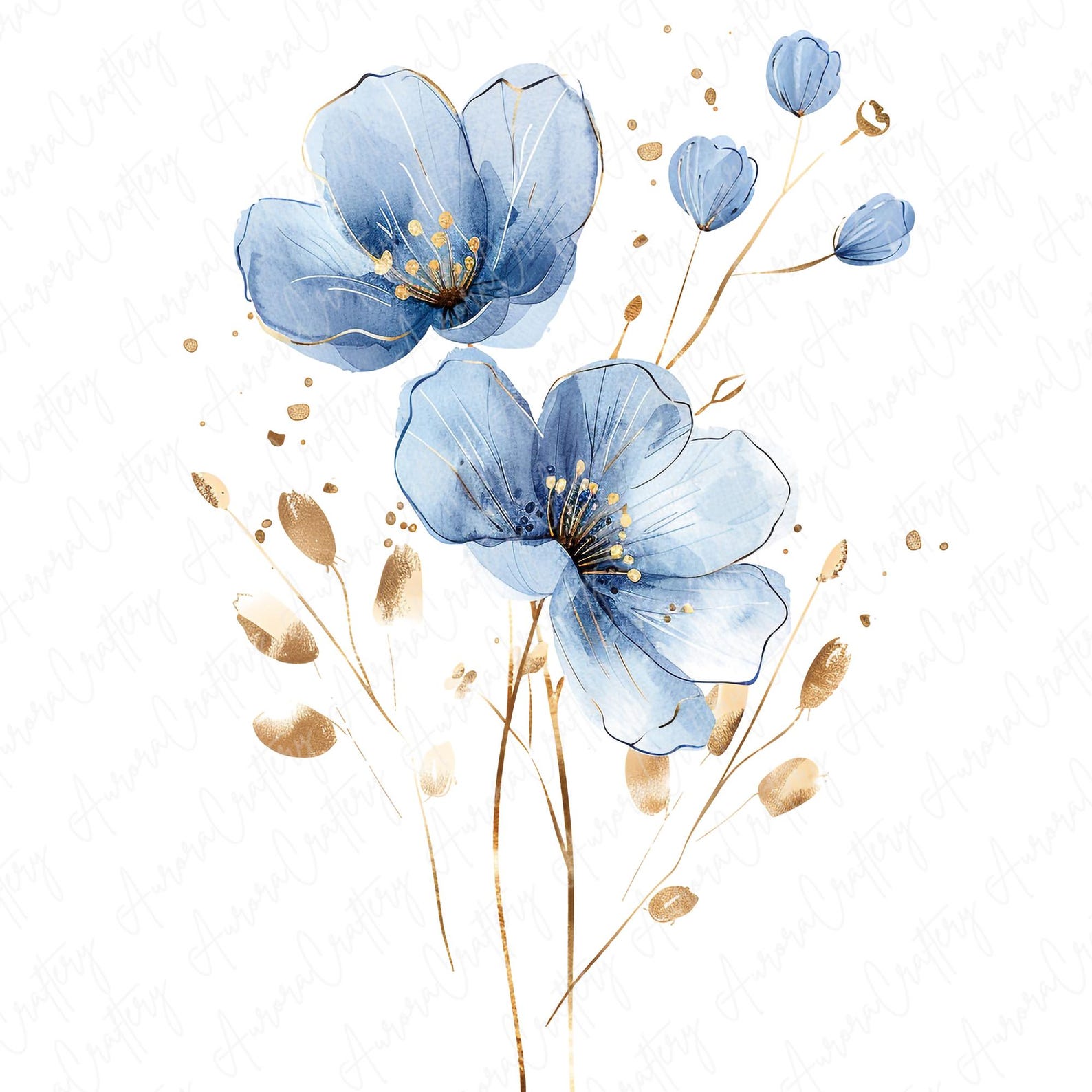 13 Abstract Blue Watercolor Floral Clipart Bundle, Soft Blue & Gold ...