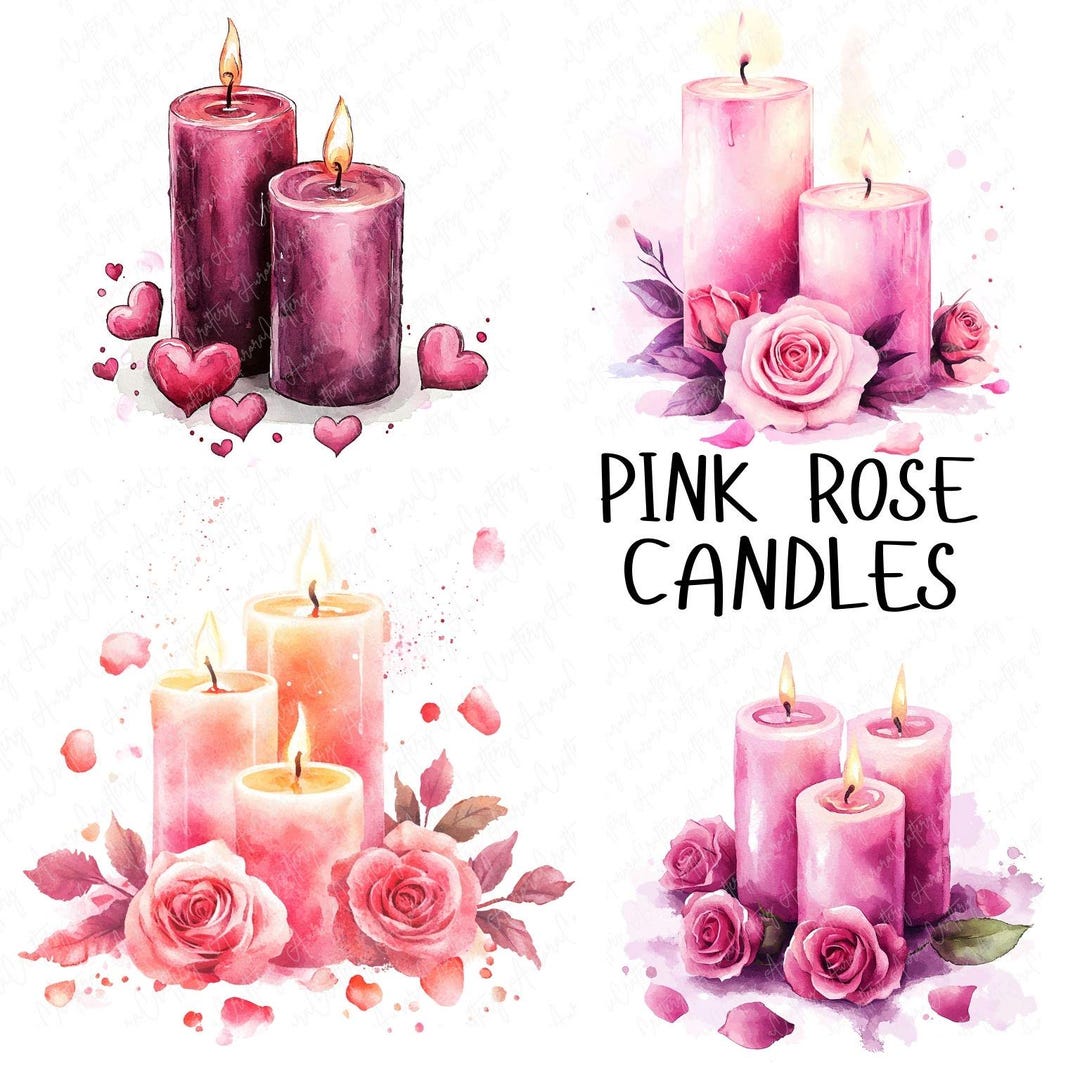 7 Watercolor Pink Rose Candles Clipart, Pink Candle With Roses Clipart ...