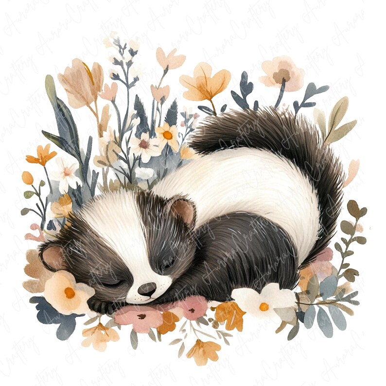 14 Watercolor Skunk Clipart, Floral Skunk Nursery Clipart, Woodland ...