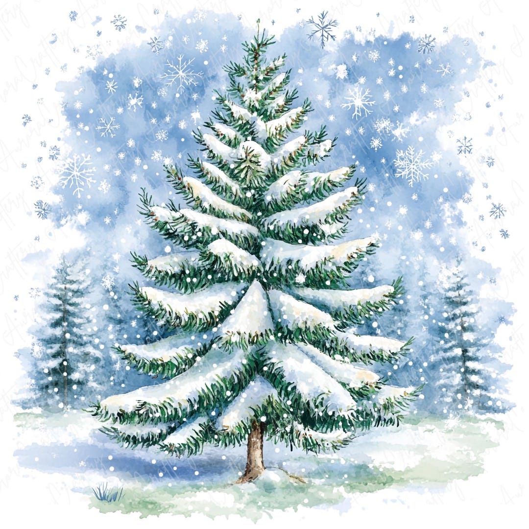 7 Watercolor Snow-covered Winter Tree Clipart, Festive Winter Clipart ...
