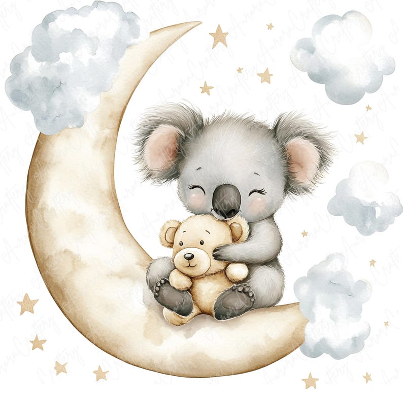 8 Sleepy Koala Nursery Clipart Cute Baby Koalas With Moons, Stars ...