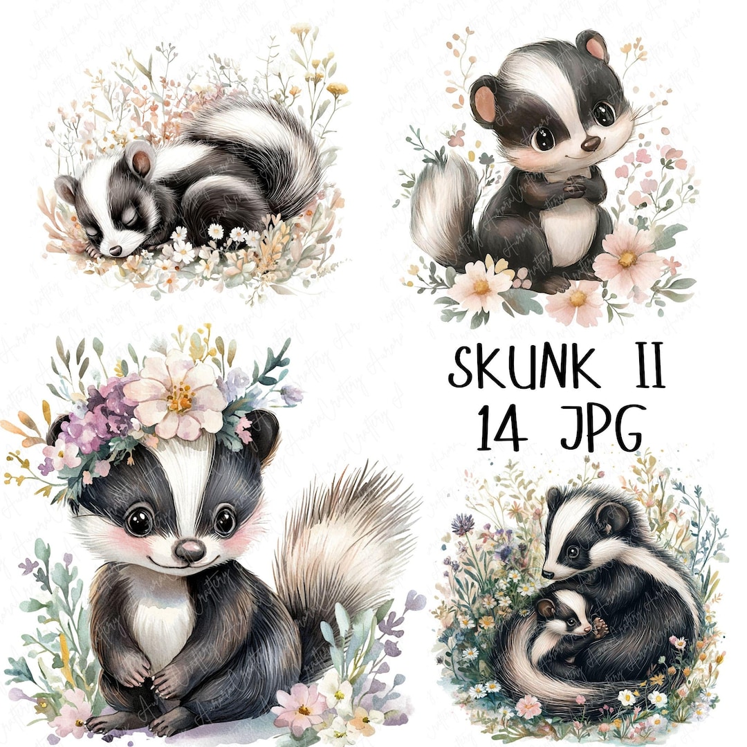 14 Watercolor Skunk Clipart, Floral Skunk Nursery Clipart, Woodland ...
