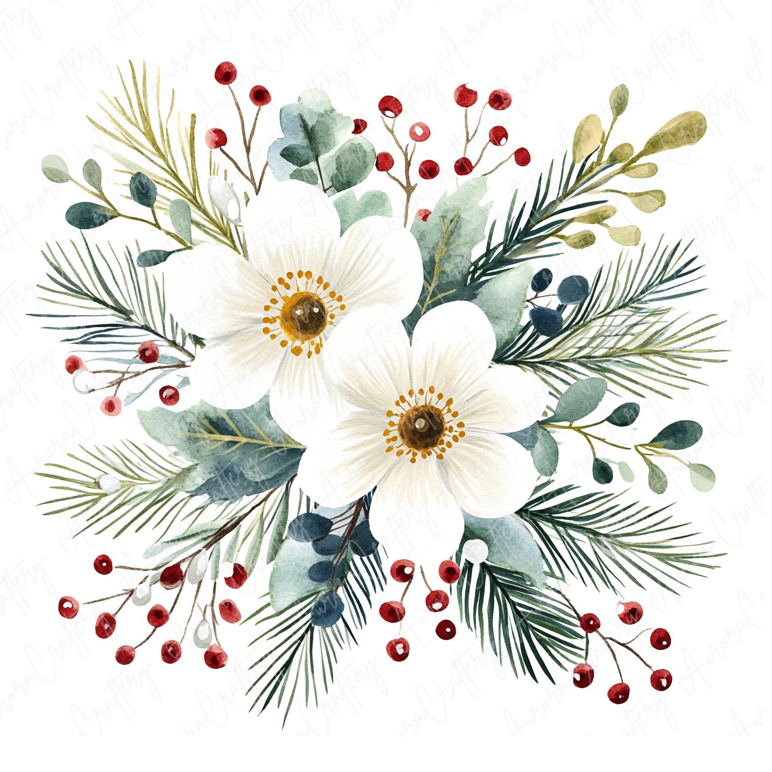 9 Watercolor Winter Floral Clipart, Festive White Flowers With Pine and ...
