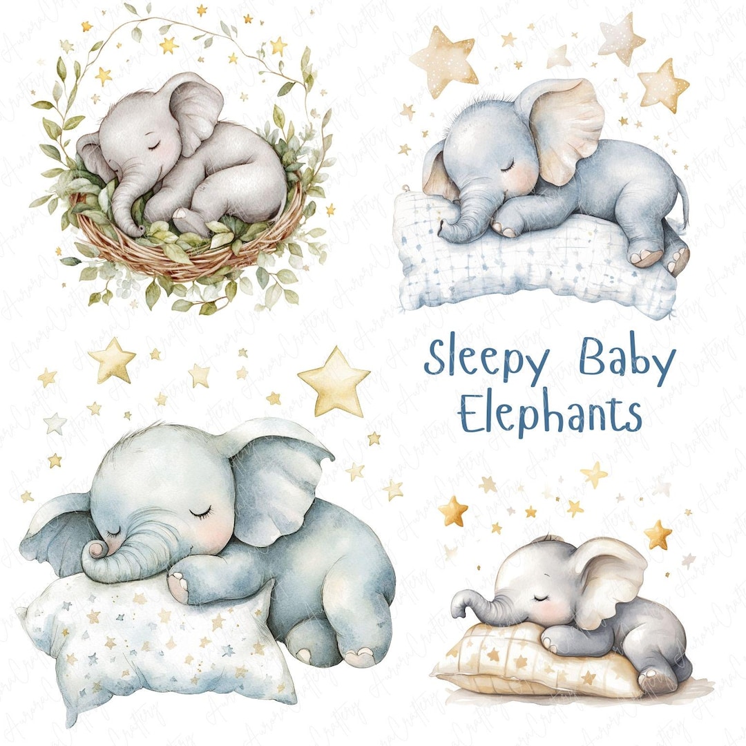 6 Watercolor Sleepy Baby Elephant Clipart | Nursery Clipart Baby Shower ...
