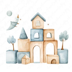 15 Baby Building Blocks Watercolor Clipart, Blue and Wooden Blocks ...