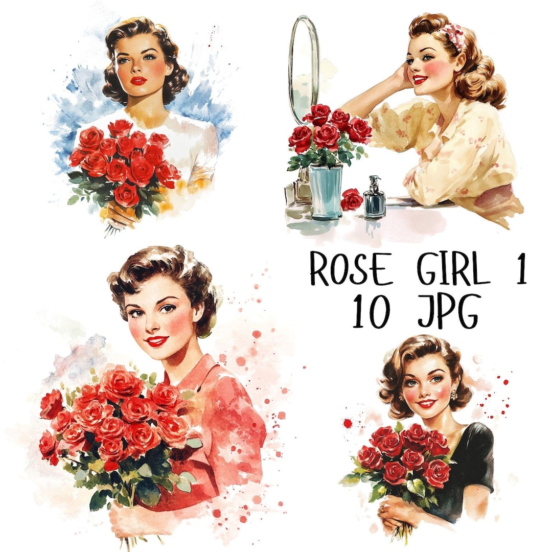 10 Watercolor Rose Girl Clipart, Valentine's Rose Clipart, Retro Woman ...