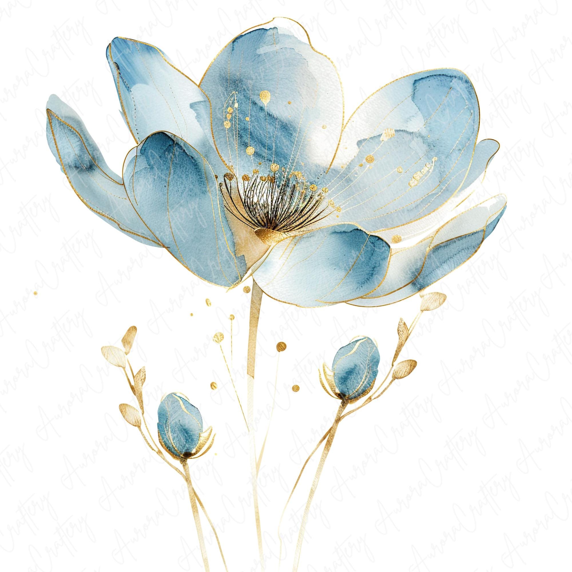 13 Abstract Blue Watercolor Floral Clipart Bundle, Soft Blue & Gold ...