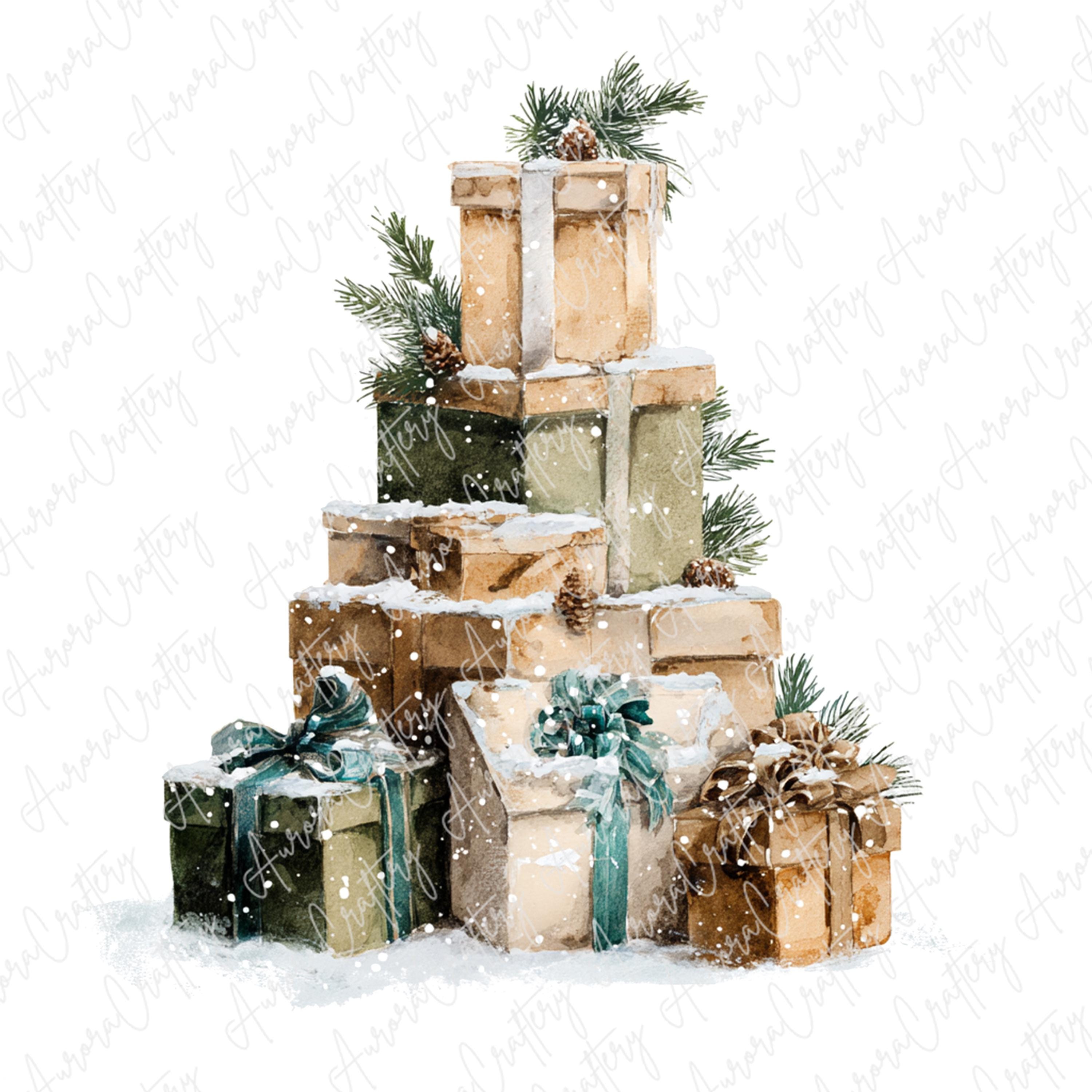 8 Watercolor Snowy Gift Boxes Clipart, Rustic Winter Presents With Pine ...