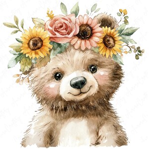 5 Watercolor Floral Bear Clipart, Cute Bears With Flower Crowns ...