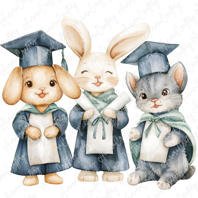 6 Graduation Animal Friends Clipart, Watercolor Rabbits, Cats & Dogs in ...
