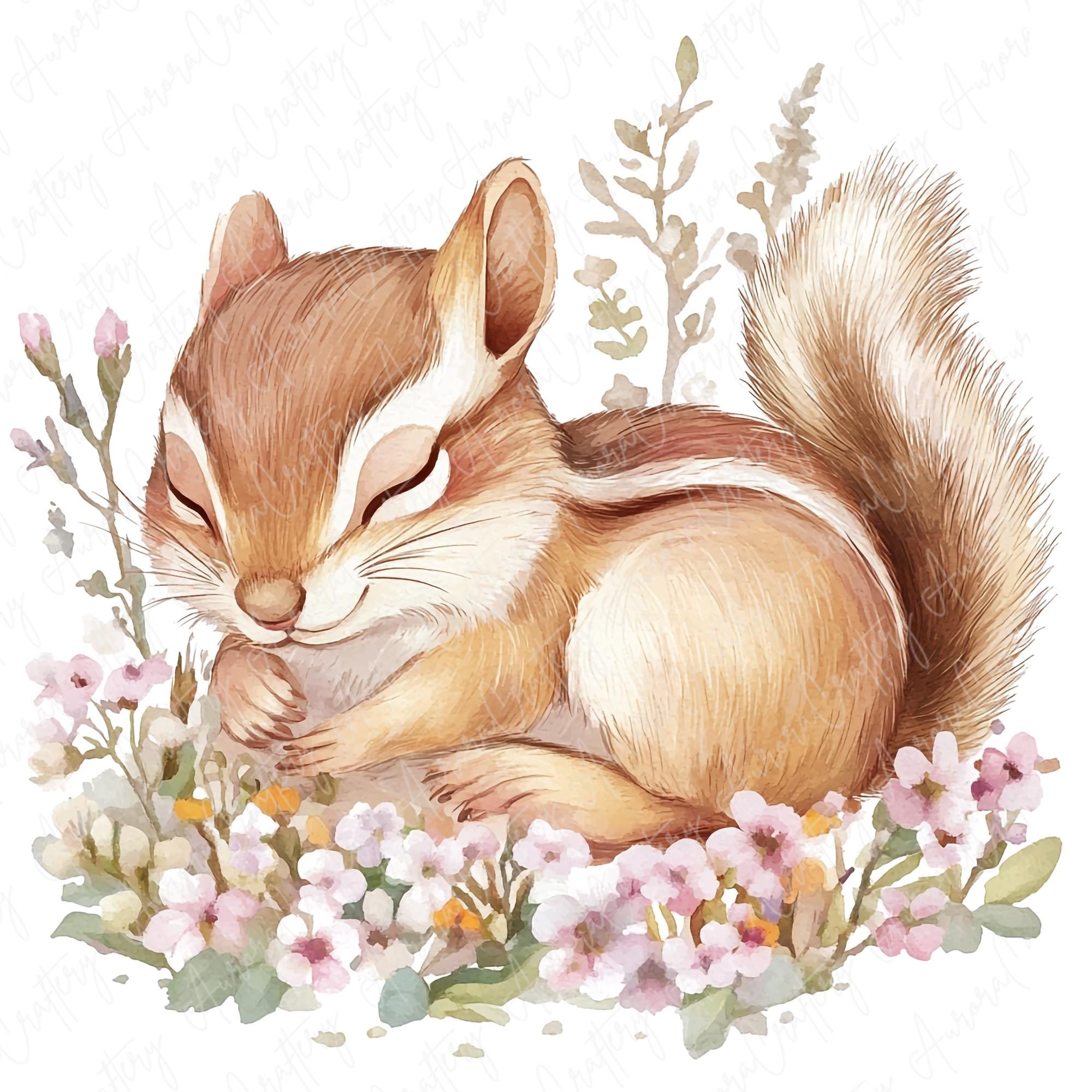 11 Watercolor Chipmunk Clipart P2, Woodland Chipmunk With Flowers, Cute ...