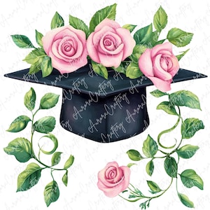 6 Graduation Cap With Pink Flower Clipart, Floral Grad Hats With Roses ...