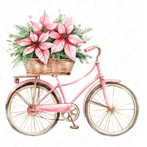 6 Watercolor Festive Bicycle Clipart, Pink Bicycles With Flowers ...