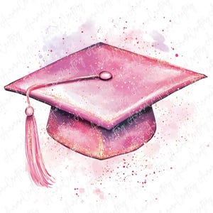 5 Watercolor Pink Graduation Cap Clipart, Grad Hats With Tassels for ...