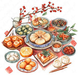 8 Chinese New Year Feast Clipart, Festive Traditional Dishes, Lunar New ...