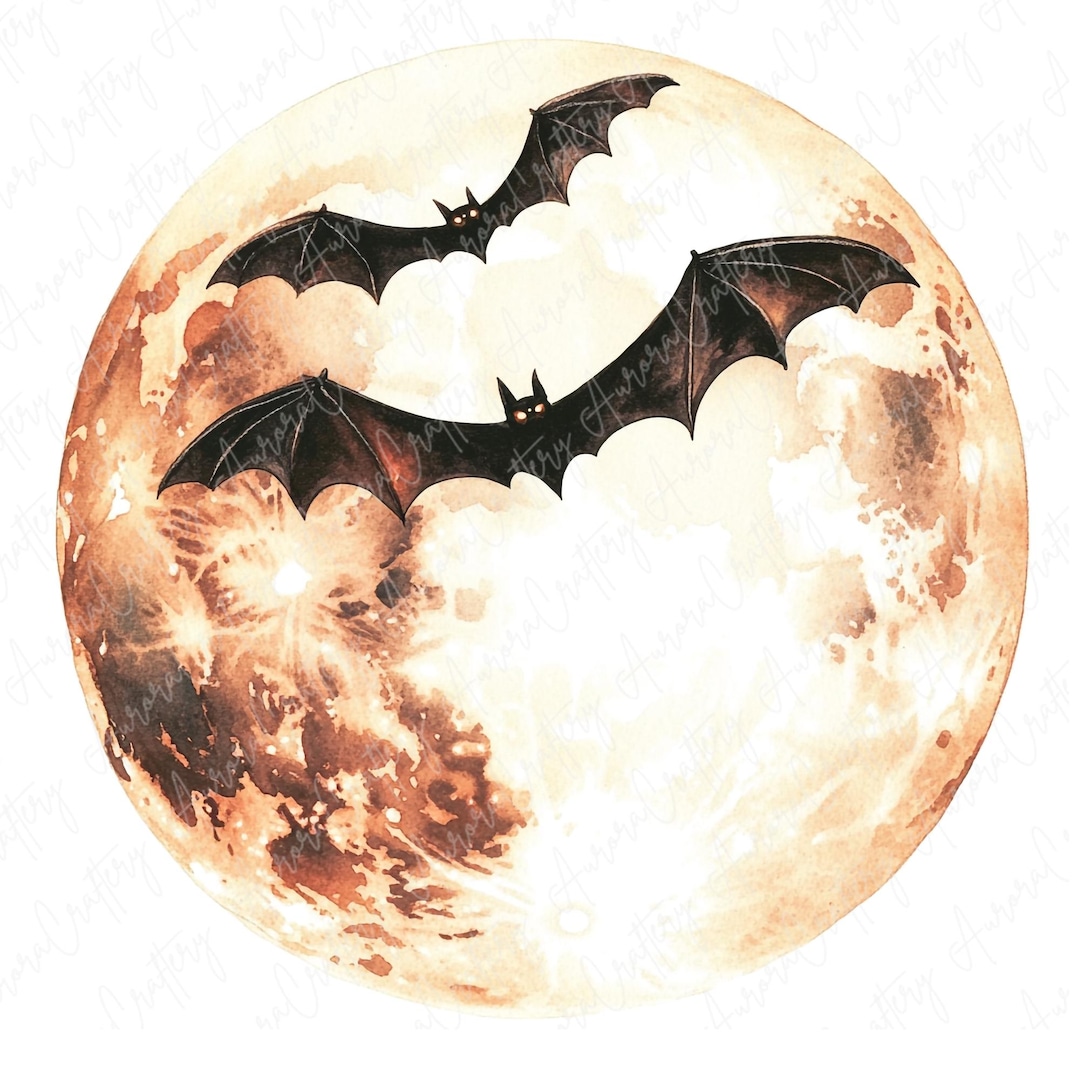 8 Spooky Full Moon With Bats Clipart, Watercolor Spooky Moon Clipart ...