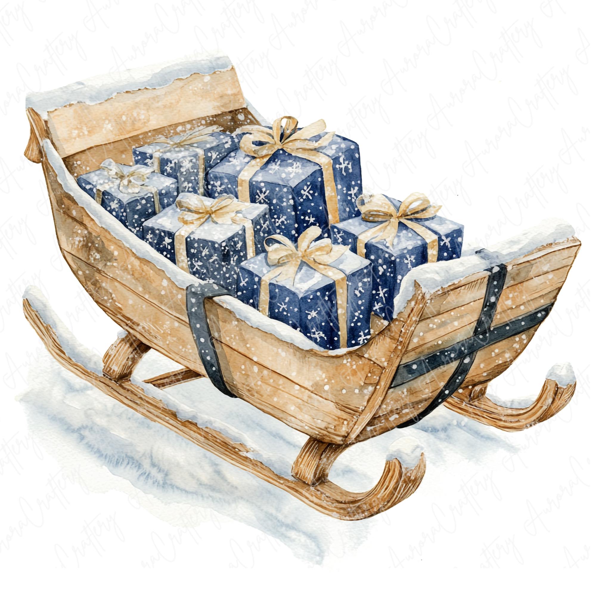 10 Winter Gift Sleds Clipart, Rustic Sleds Loaded With Gifts, Cozy ...