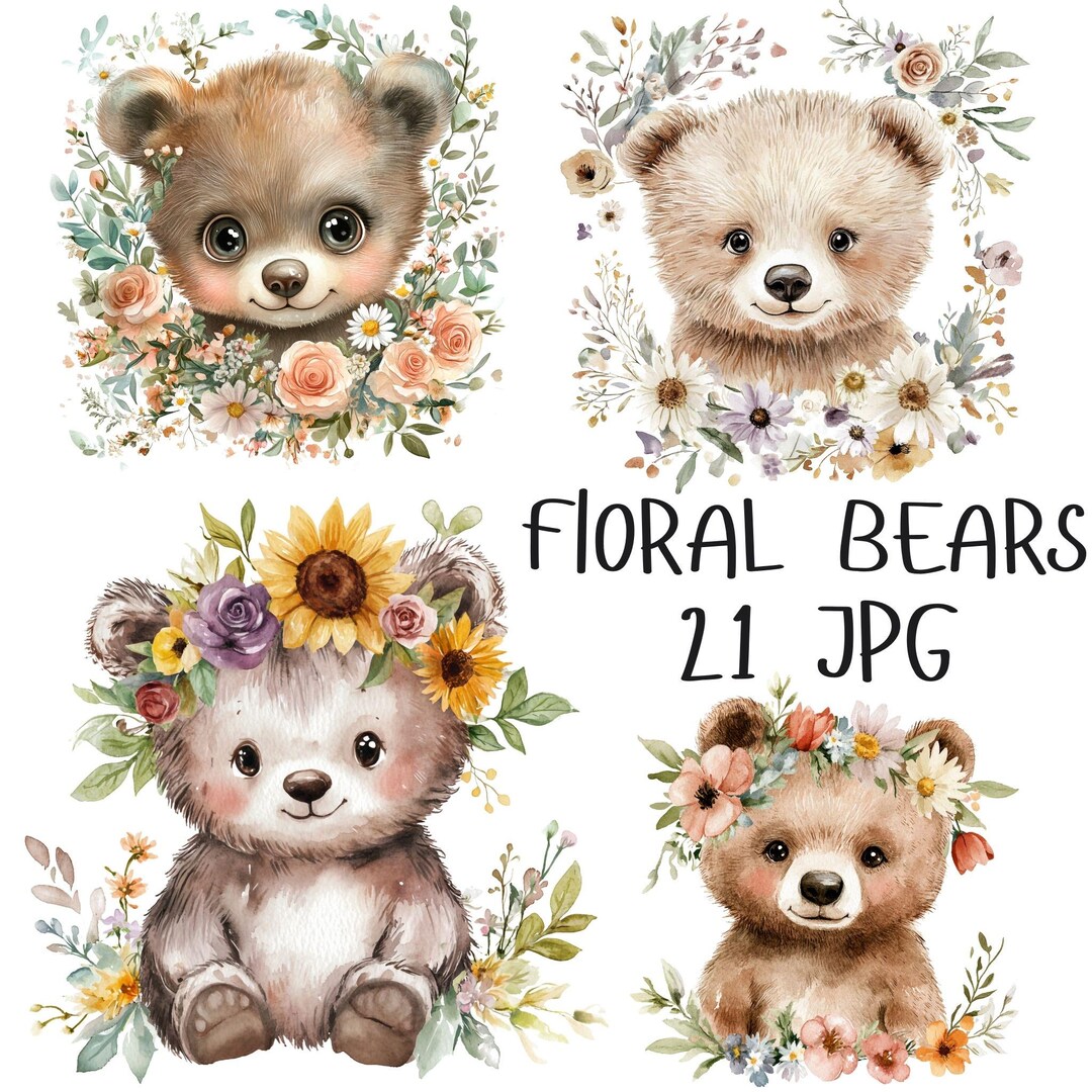 21 Watercolor Bear Floral Clipart, Cute Bears With Flowers, Floral ...